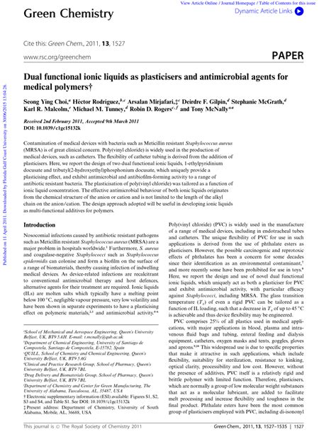 Pdf Dual Functional Ionic Liquids As Plasticisers And Antimicrobial Agents For Medical Polymers