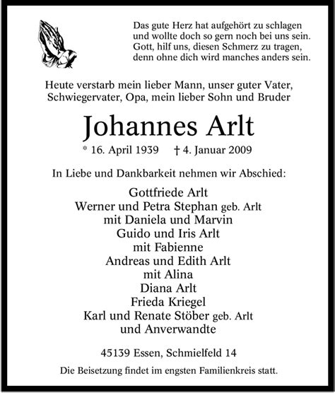 Traueranzeigen Von Johannes Arlt Trauer In Nrw De
