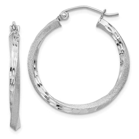 925 Sterling Silver Rh Plated Satin Diamond Cut 25x25mm Twisted Hoop
