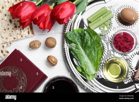 Flat Lay Composition With Passover Seder Plate Keara On White Wooden Table Pesah Celebration