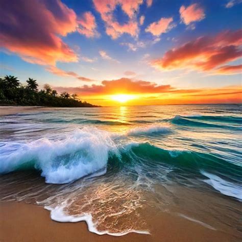 A Beach Scene With A Sunset And The Sun Setting Premium Ai Generated