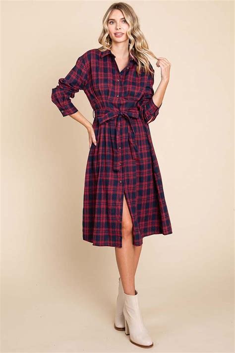 Long Sleeve Plaid Belted Flannel Shirt Dress Flannel Shirt Dress