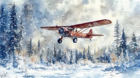 A Plane Flying In The Snow With Trees In The Background Premium Ai