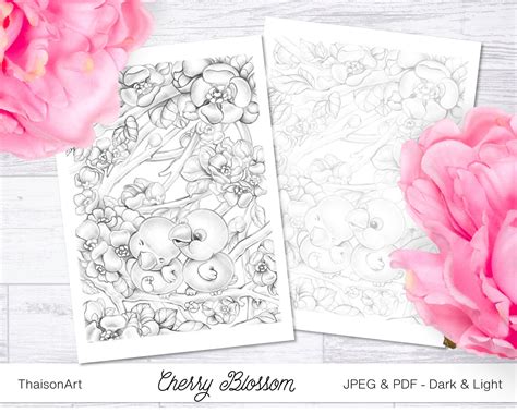 Cherry Blossom Flower Coloring Page Printable For Adult And Etsy