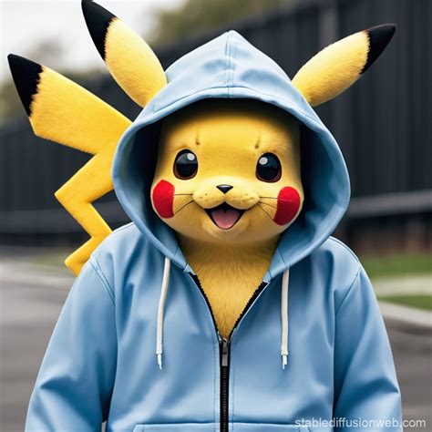 Pikachu Wearing A White Cap And Blue Hooded Jacket Stable Diffusion