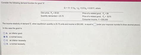 Solved Consider The Following Demand Function For Good X Chegg