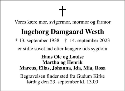 Ingeborg Damgaard Westh Dødsannoncer I Danmark