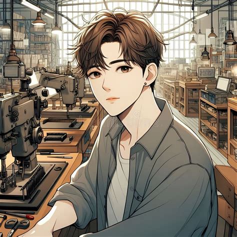 A Handsome Anime Teen Boy In Casual Shirt Sitting At His Workshop