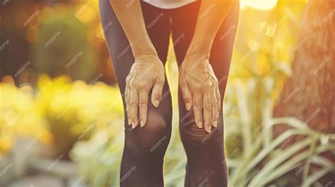 Closeup Of Womans Legs Woman Slightly Bent Forward And Holding Her