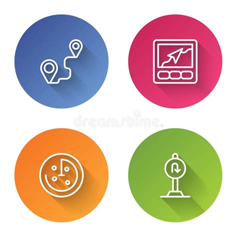 Set Line Route Location Gps Device With Map Radar Targets Monitor And Turn Back Road Sign