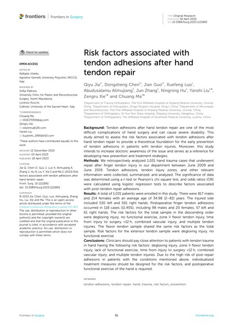 Pdf Risk Factors Associated With Tendon Adhesions After Hand Tendon
