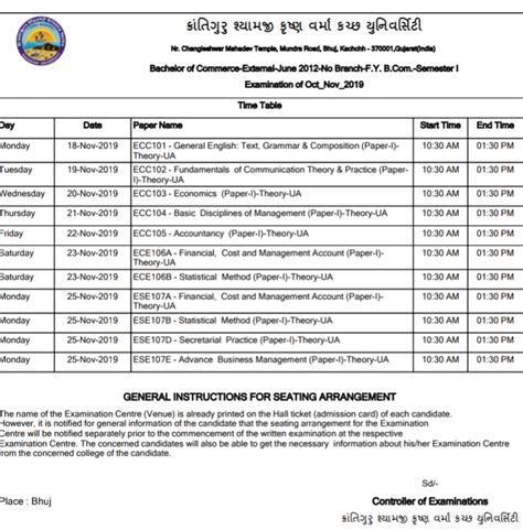 b sem 1 time table november 2019 kachchh university