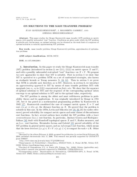 Pdf On Solutions To The Mass Transfer Problem