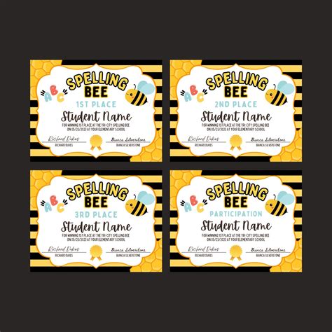 Editable Spelling Bee Certificates School Award Template Canva Etsy
