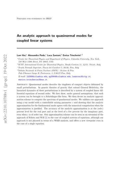 Pdf An Analytic Approach To Quasinormal Modes For Coupled Linear Systems