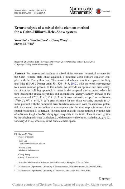 Error Analysis Of A Mixed Finite Element Method For A Cahnhilliardheleshaw System Request Pdf
