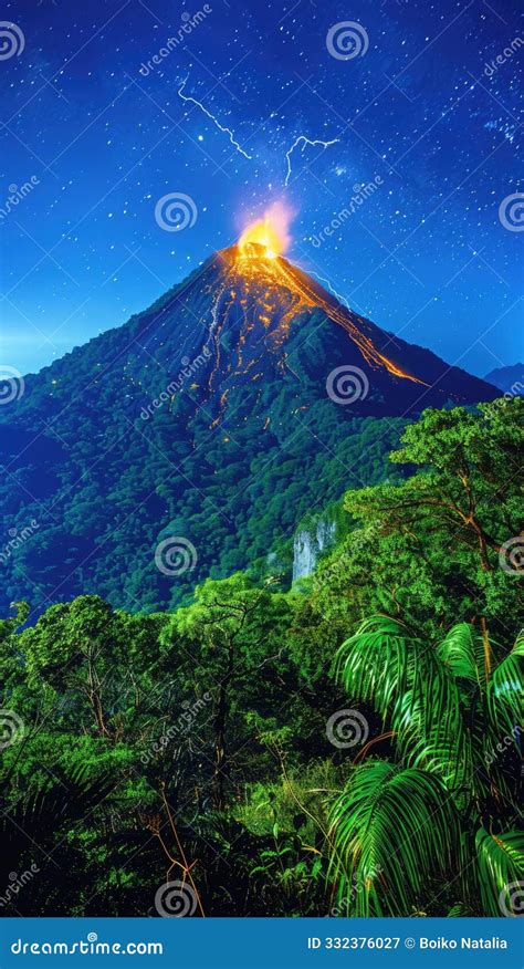 Active Volcano Erupts With Lava And Lightning Under A Starry Sky In A