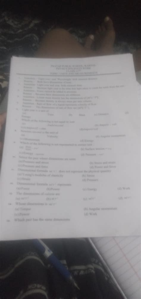 Questions On Units Dimensions And Physical Quantities Assertion Ligh