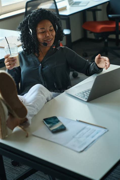 Call Center Operator Put Her Feet On The Table Stock Image Image Of