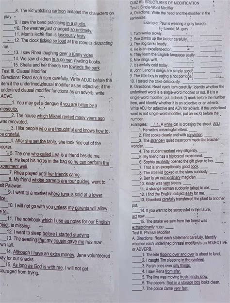 Quiz 1 Sructures Of Modificationtest I Single Word Modifiera Directions