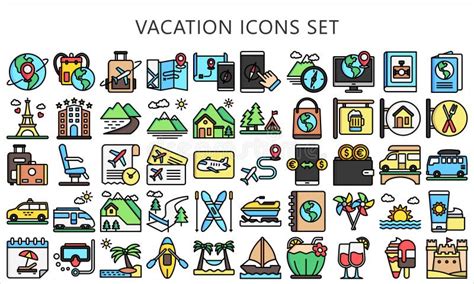 Vacation And Travel Lineal Multi Color Icons Set Stock Vector