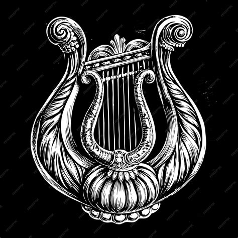 Ornate Vintage Lyre Illustration Intricate Black And White Etching Of