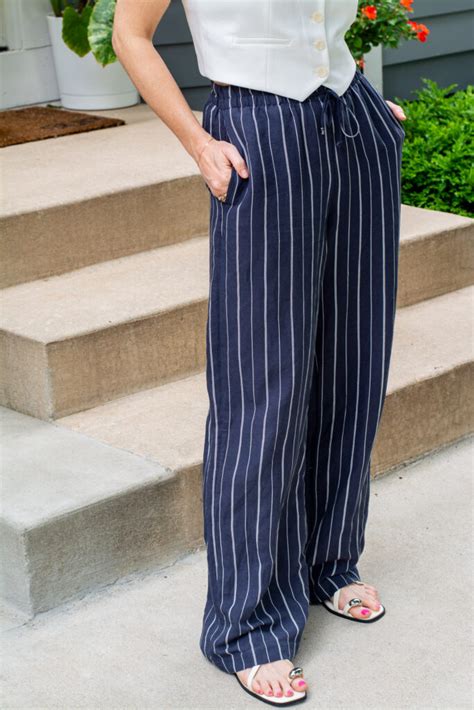 Navy Pinstripe Wide Leg Linen Trousers Lsr
