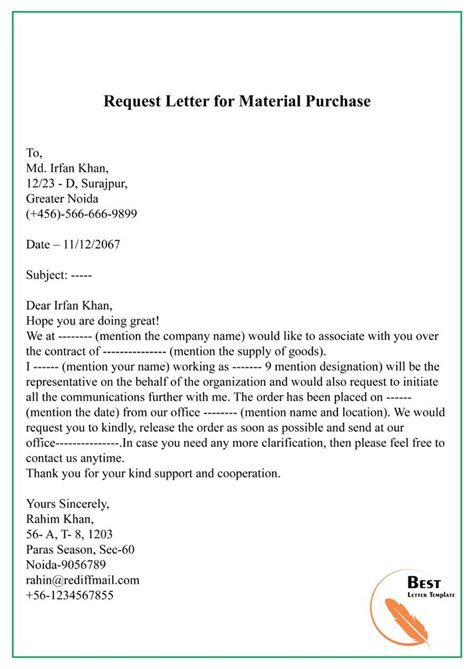 Request Letter For Material Purchase Letter Template
