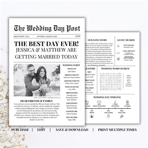 Wedding Newspaper Program Template Editable Wedding Newspaper Wedding Program Word Search