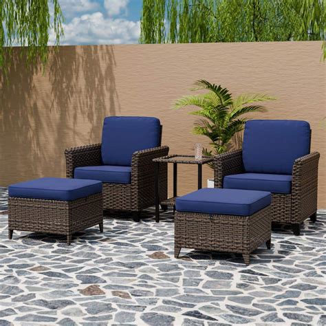 Eagle Peak 5 Piece Mix Brown Wicker Patio Conversation Set Wide Armrest Chair Set With Blue