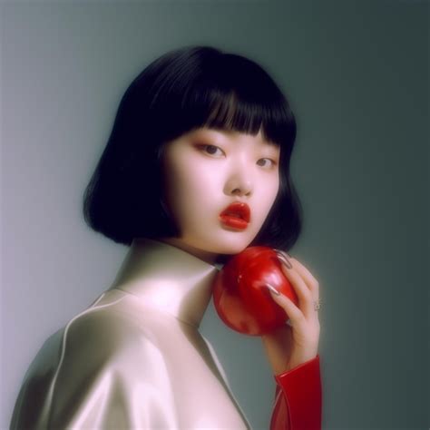 Premium Ai Image A Woman With A Red Lipstick And A Red Apple In Her Hand