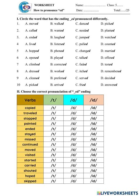 Ed Pronunciation Free Interactive Worksheets 1287199