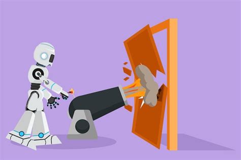 그래픽 평면 디자인 드로잉 로봇은 문을 파괴하는 문 앞에서 대포를 점화합니다 무차별적으로 장애물을 파괴 미래 기술 인공 지능
