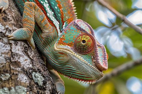 Closeup Of A Colorful Chameleon On A Tree Branch A High Resolution