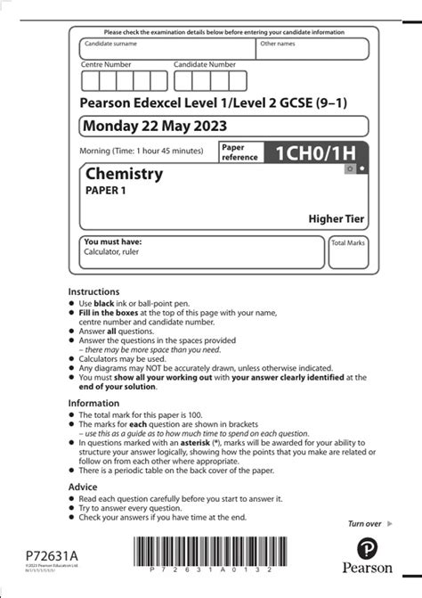 Gcse Edexcel May 2024 Higher Triple Science Chemistry Paper 1 Science
