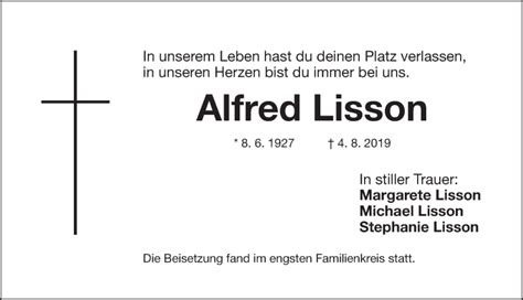 Traueranzeigen Von Alfred Lisson Trauer Nn De