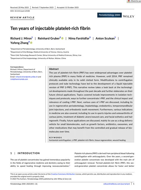 10 Years Of Injectable Prf By Miron Et Al 2023 Bio Prf