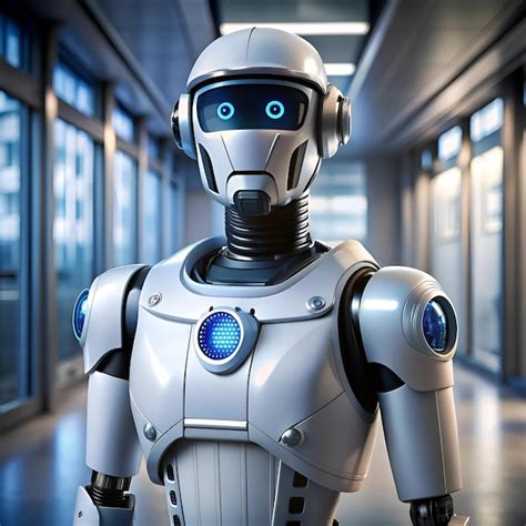 A Futuristic Security Robot Stands Tall In An Office Setting Its Bright
