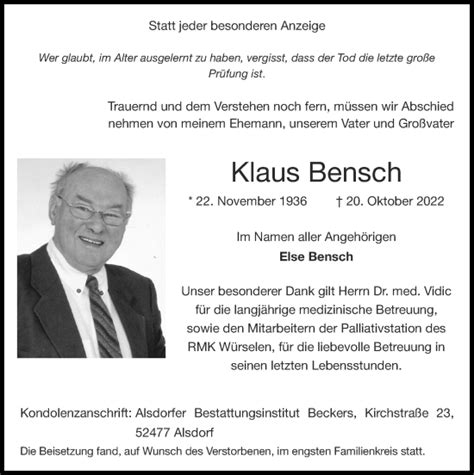 Traueranzeigen Von Klaus Bensch Aachen Gedenkt