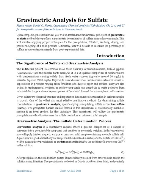 Gravimetric Analysis Of Sulfate Chem 4a Experiment 2 Fall 2025 Studocu