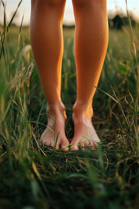 Long Sunlit Legs Standing Barefoot In Green Grass During Golden Hour