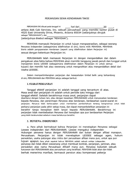 Perjanjian Sewa Kendaraan Taksi Aaa Pdf