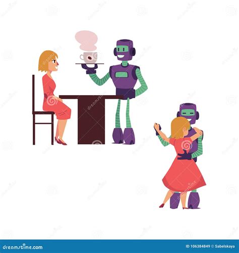 Vector Flat Robots People Interaction Scenes Set Stock Vector Illustration Of Helper Cute