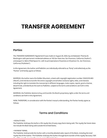 12 Transfer Agreement Templates Free Downloads