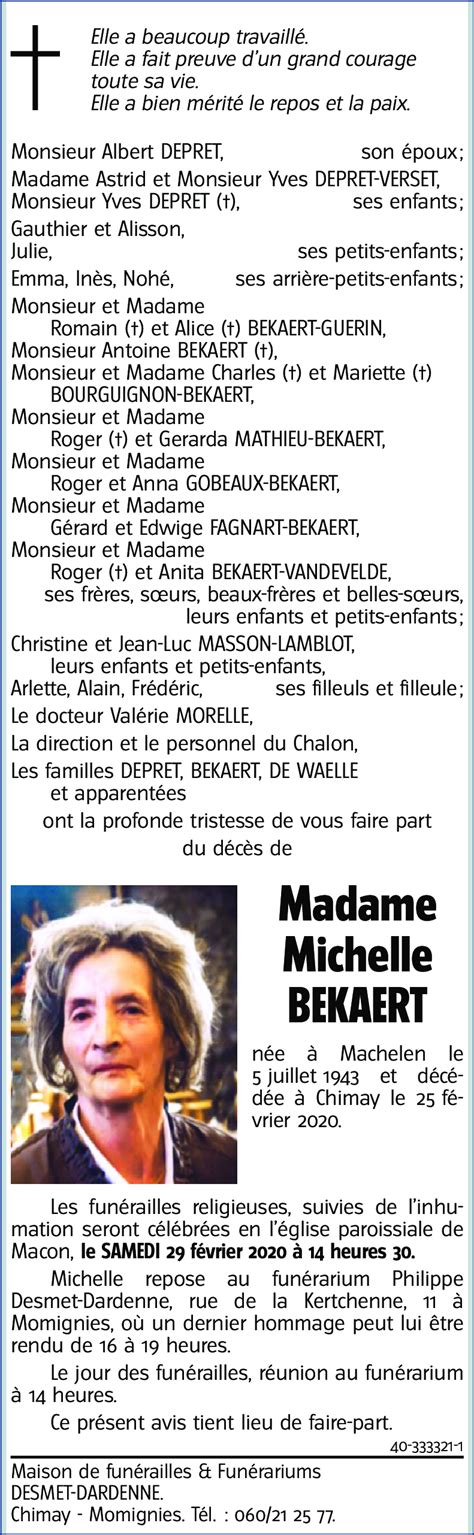 Avis De Décès De Michelle Bekaert Décédé Le 25 02 2020 à Chimay