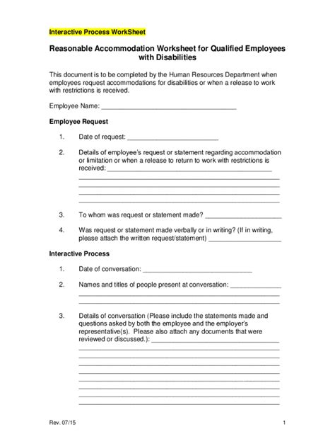 Fillable Online Reasonable Accommodation Worksheet For Qualified