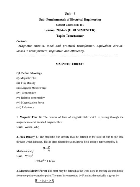 Unit 3 Transformer Pdf Transformer Magnetic Field