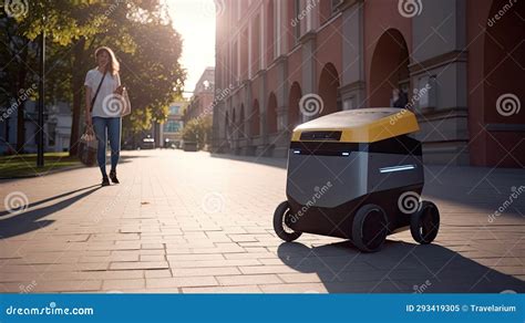 woman meet delivery robot on street sidewalk last mile secure package