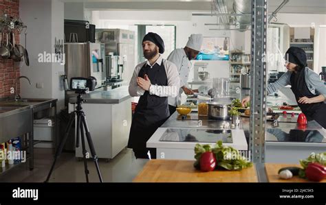 Professional Cook Filming Cooking Show Video On Camera Working In