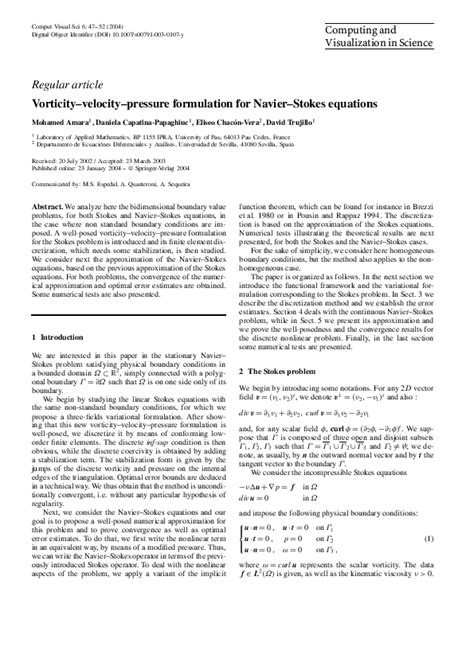 Pdf Vorticity Velocity Pressure Formulation For Navier Stokes Equations
